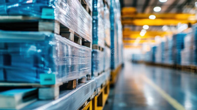Wrapped Pallets Storing Goods in Distribution Warehouse Stock Photo ...