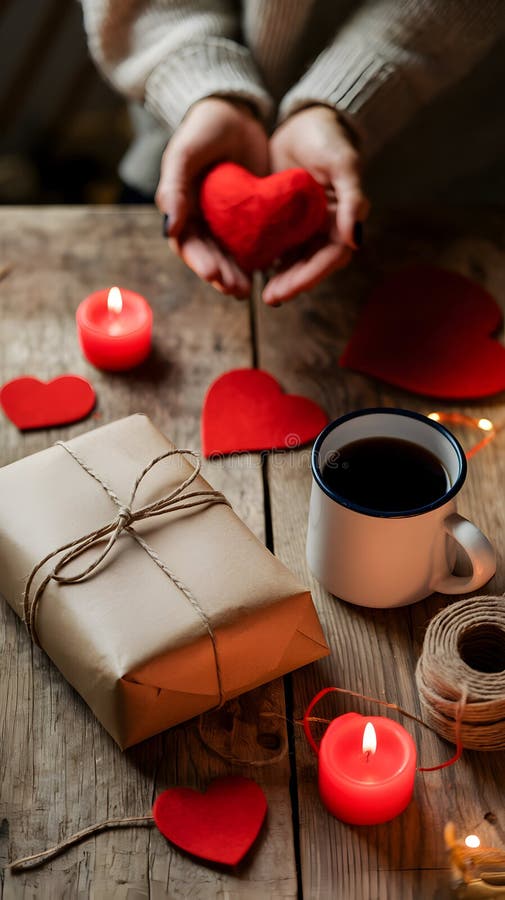 Wrapped Parcel and Coffee Mug Create Warm Atmosphere with Candles and ...