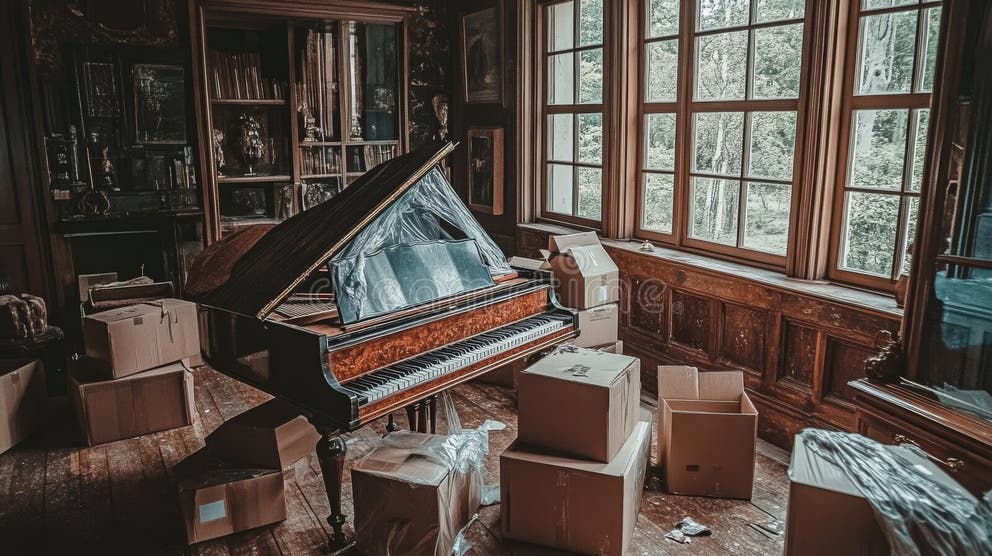 Wrapped in Plastic, the Piano is Surrounded by Boxes. Stock Photo ...