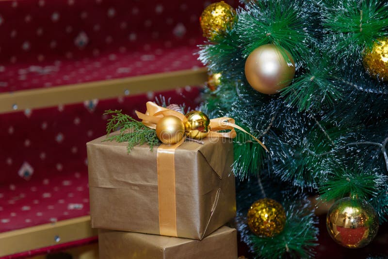 Wrapped Present Boxes Under Decorated Christmas Tree. Close Up Stock ...