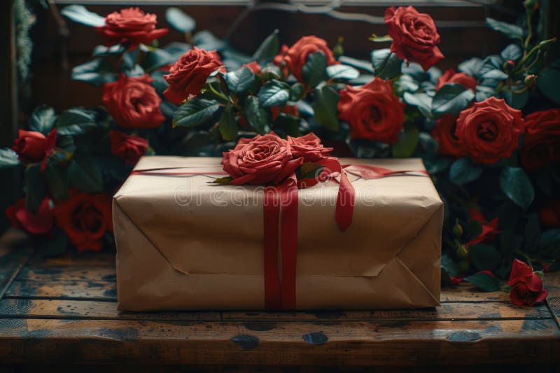 Wrapped Present with Red Roses on Table Stock Image - Image of love ...