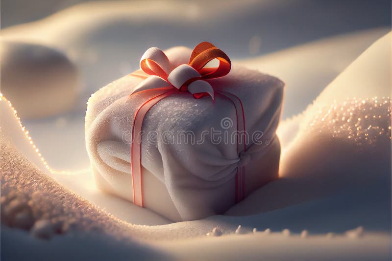 A Wrapped Present Sitting in the Snow with a Red Ribbon on it S Bow and ...