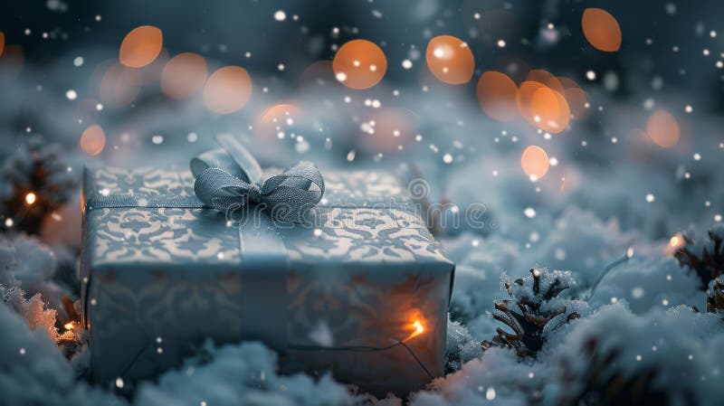 A Wrapped Present in the Snow with Festive Lights in the Background ...