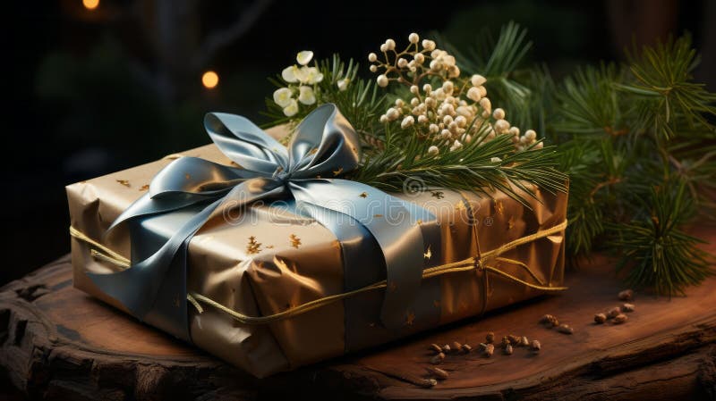 Wrapped Present with String and Pine Branch. Generative AI. Stock ...