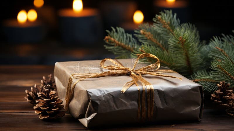 Wrapped Present with String and Pine Branch. Generative AI. Stock ...