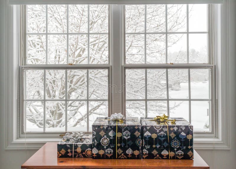 Wrapped Presents Under Window Snowy Scene Outside Stock Photos - Free ...
