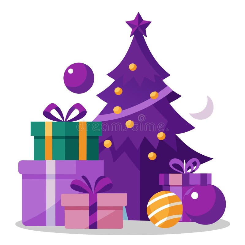 Wrapped Purple Christmas Gift Parcels Under a Tree Decorated with ...