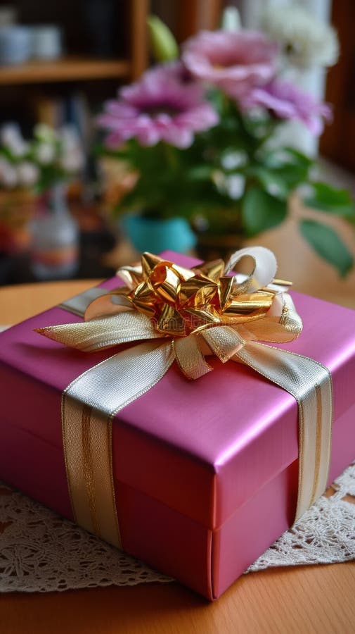 Wrapped Rectangular Present in Pink Paper with Golden Bow and Flowers ...