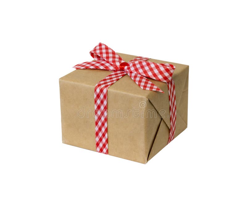 Wrapped Vintage Gift Box with Red Ribbon Bow, Isolated on White Stock ...