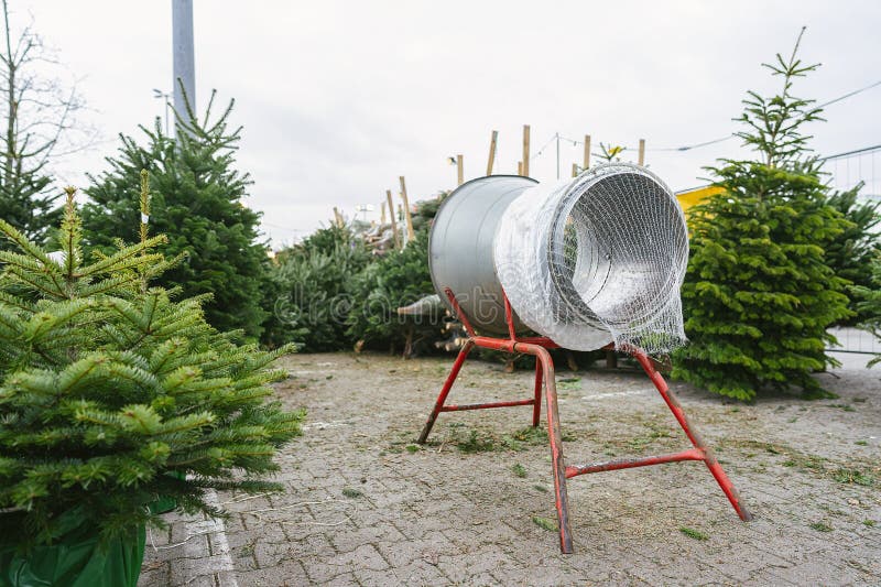 Wrapping Device for a Christmas Tree Packaging at a Market Stock Photo ...