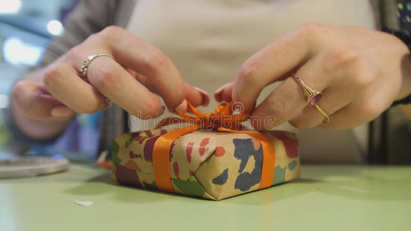 Wrapping Gift - Close Up View Woman`s Hands Stock Image - Image of ...