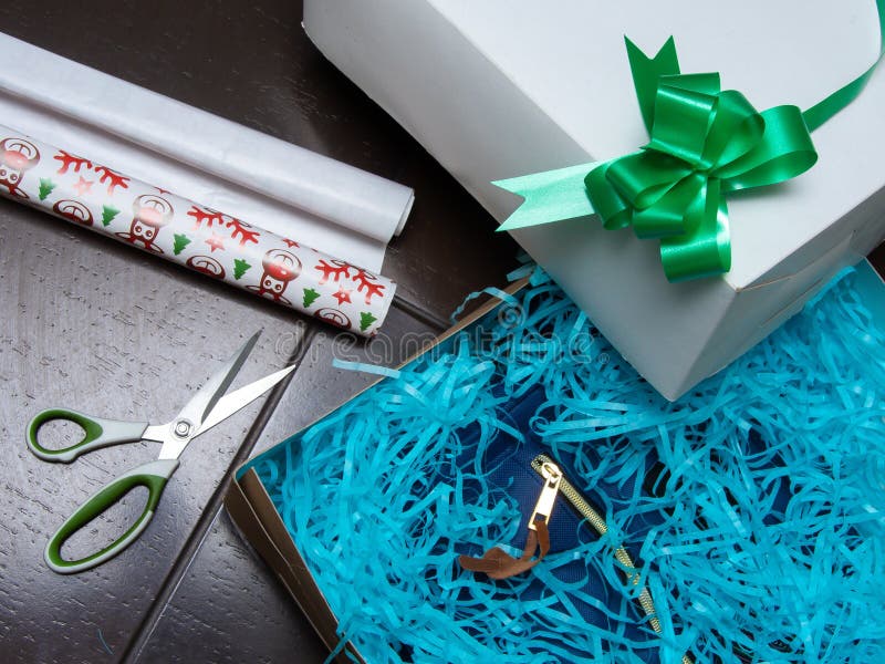 Wrapping Gift with Scissors, Tape and Paper Stock Image - Image of ...