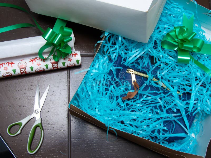 Wrapping Gift with Scissors, Tape and Paper Stock Image - Image of ...