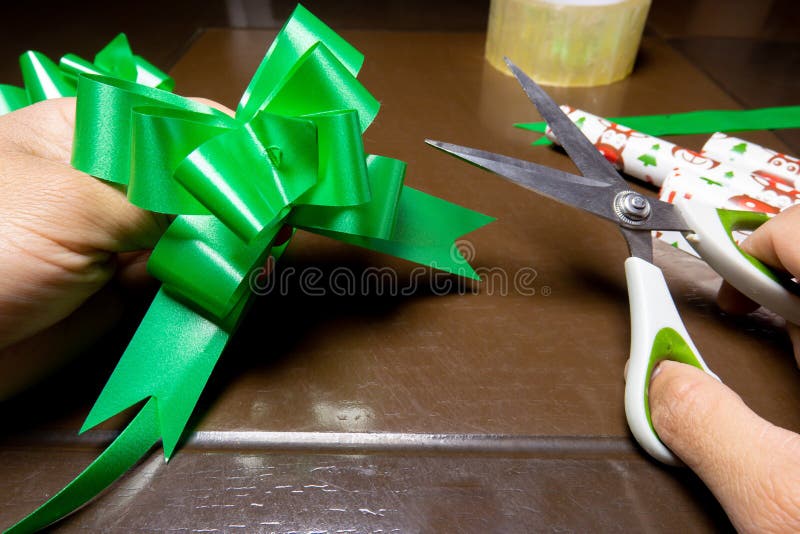 Wrapping Gift with Scissors, Tape and Paper Stock Photo - Image of ...