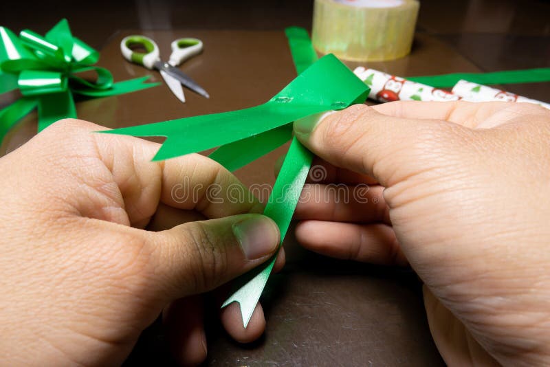 Wrapping Gift with Scissors, Tape and Paper Stock Photo - Image of ...
