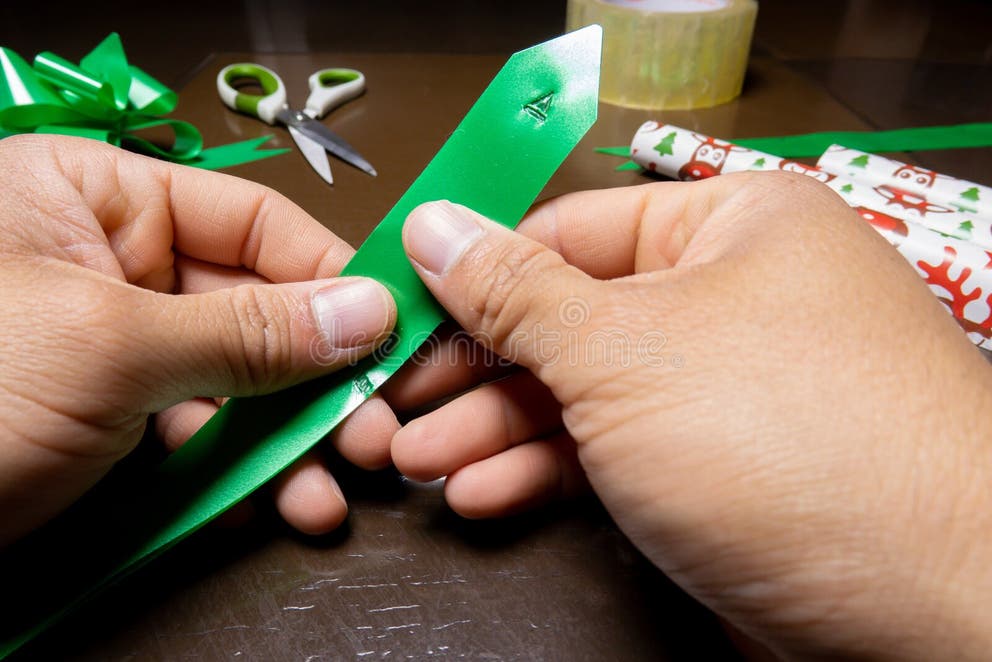Wrapping Gift with Scissors, Tape and Paper Stock Image - Image of ...