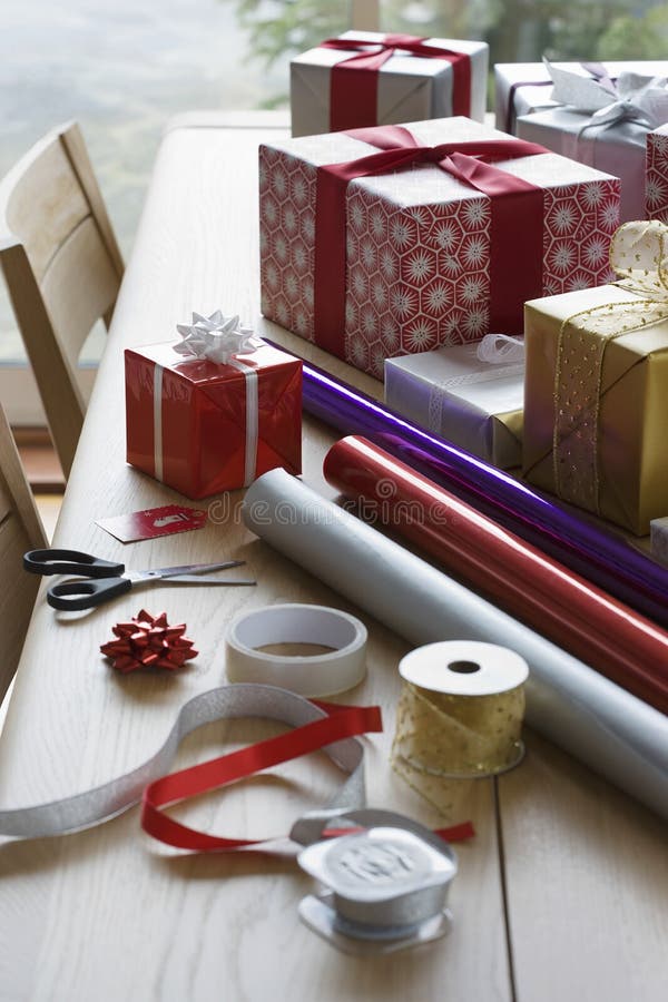 Wrapping Paper and Accessories for Christmas Stock Photo - Image of ...