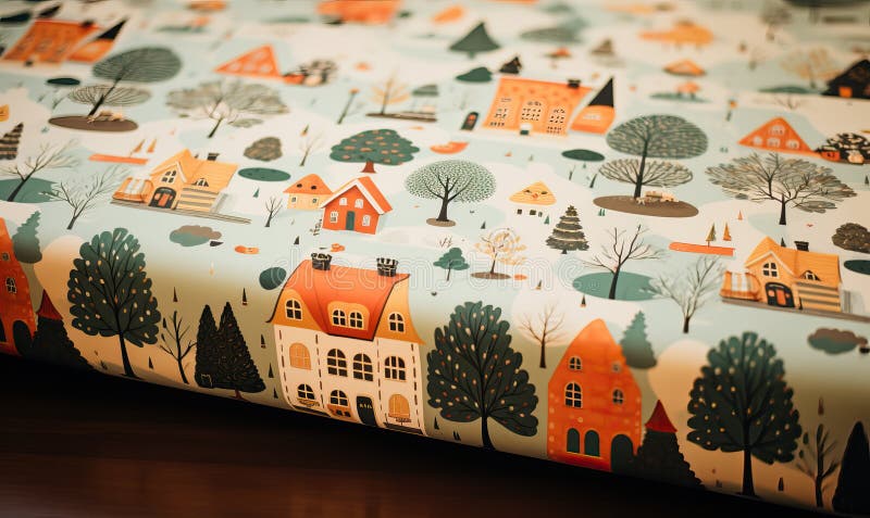 Wrapping Paper Depicting a Village Landscape. Stock Image - Image of ...