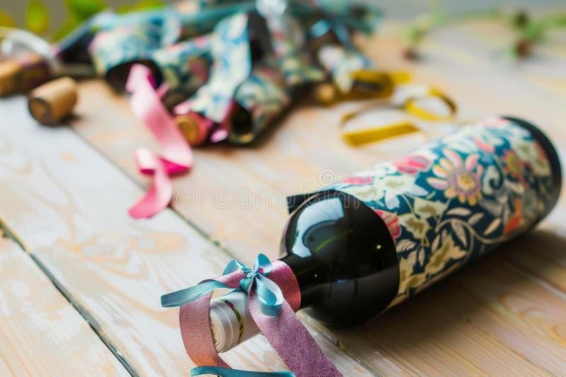 Wrapping a Wine Bottle in Decorative Paper and Ribbon Stock Image ...