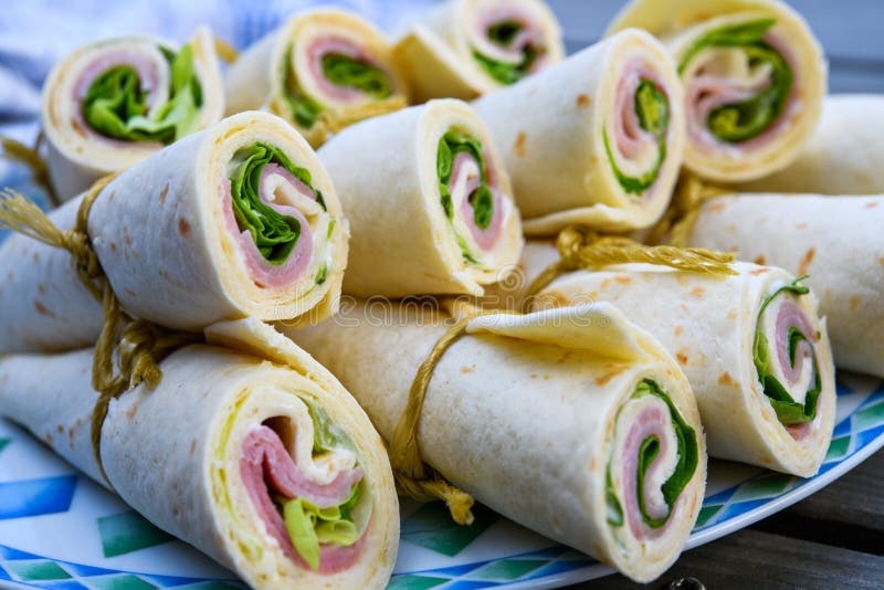 Wraps with ham and salad stock image. Image of meal - 128093087