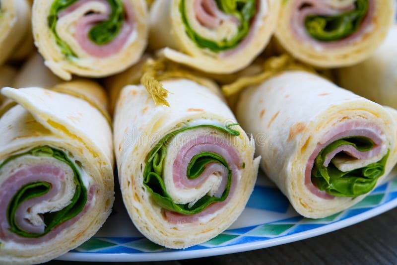 Wraps with ham and salad stock photo. Image of grilled - 128093088