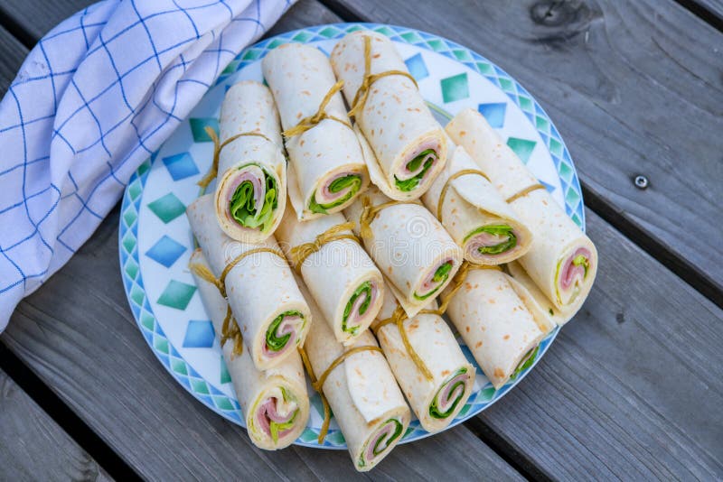 Wraps with ham and salad stock image. Image of gammon - 128093157