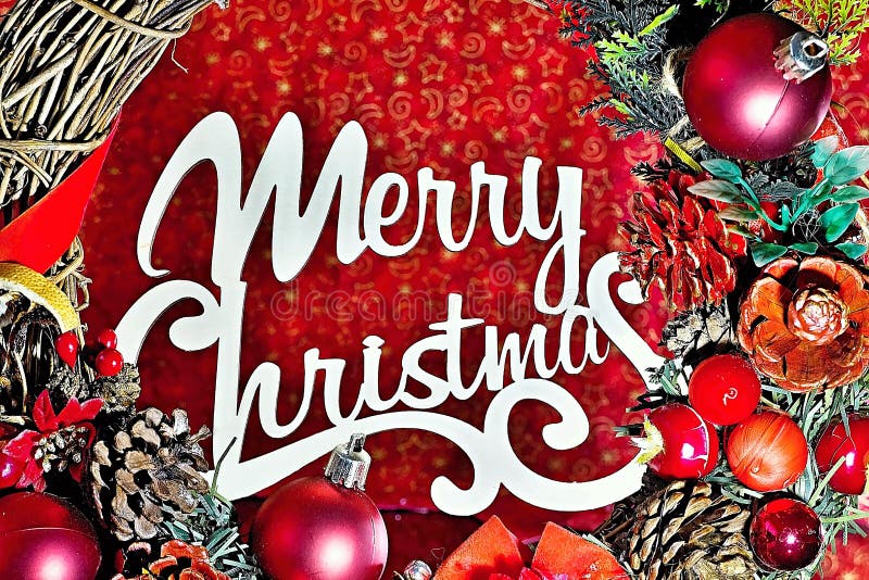 Wreath with Christmas Decorations and Text: Merry Christmas. Stock ...