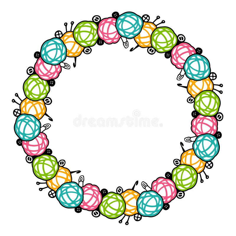 Wreath of Color Yarns Balls. Round Frame. Doodle Seamless Pattern ...