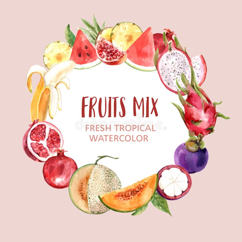 Wreath Design with Fruits Theme, Various Fruits Watercolor Vector ...