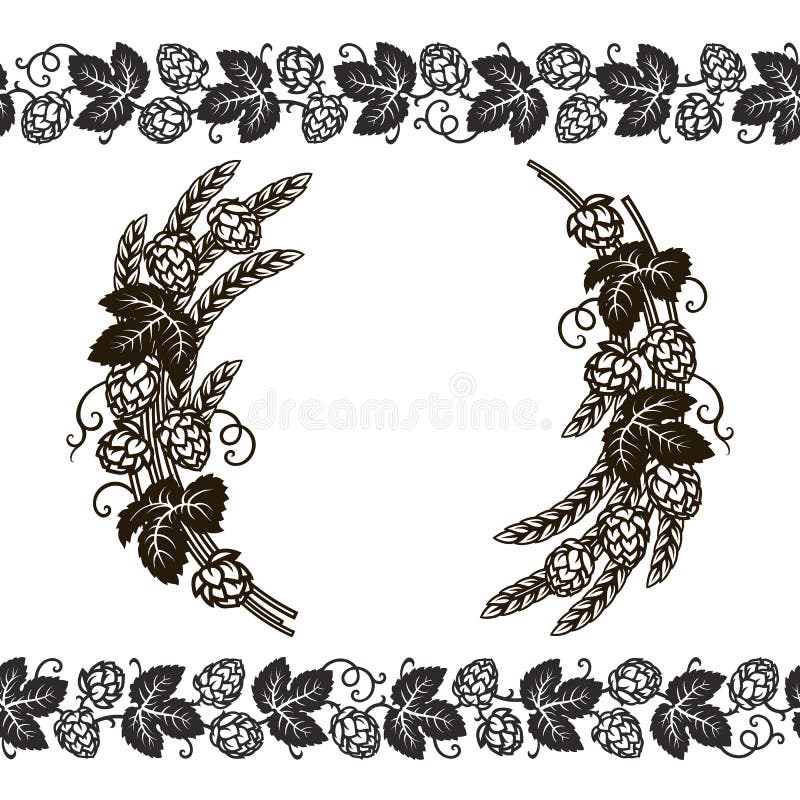 Wreath or Frame of Branches of Hops, and Beer Hop Seamless Border. Set ...