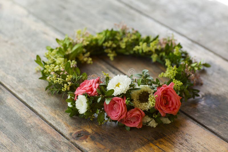 Wreath of Beautiful, Live Flowers with Leaves Stock Photo - Image of ...
