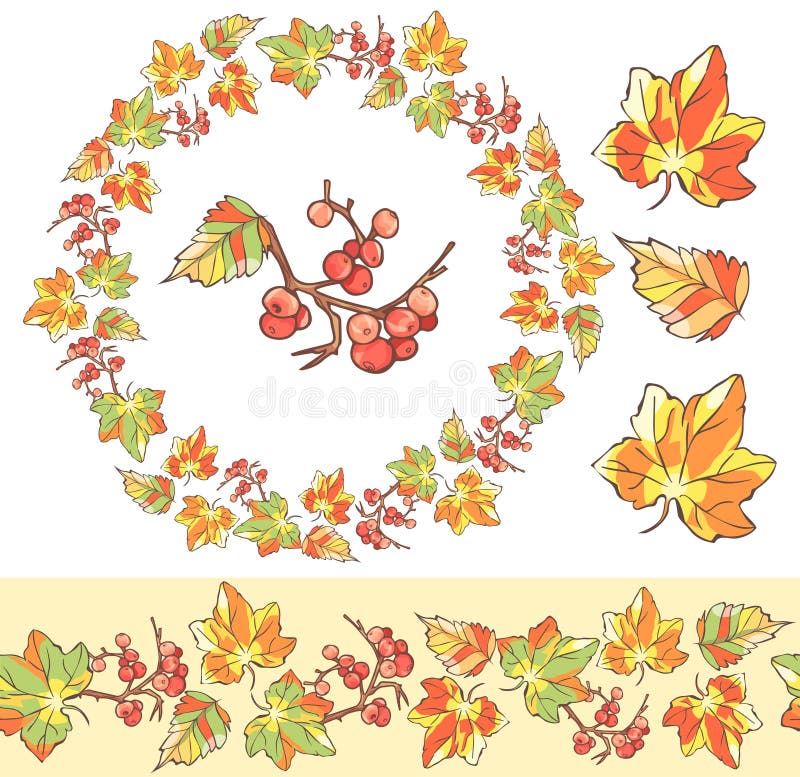Wreath of Leaves and Berries. Endless Leaves Horizontal Pattern Stock ...