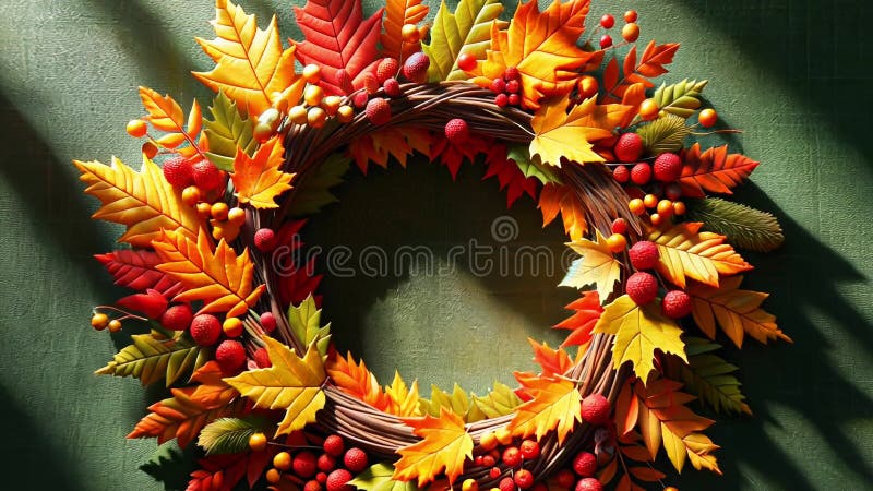 Autumn Wreath Made of Leaves and Berries with a Green Background Stock ...