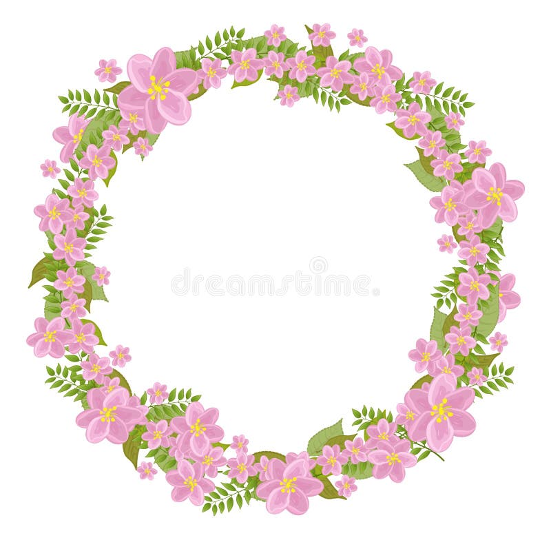 A Wreath of Pink Flowers and Leaves. Round Frame Pattern Stock ...