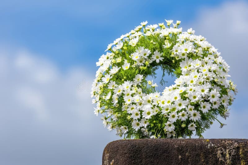Wreath of White Flowers Resting on a Stone Monument Under a Soft Cloudy ...