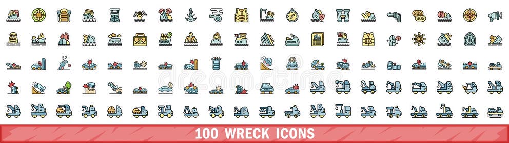 100 Wreck Icons Set, Color Line Style Stock Vector - Illustration of ...