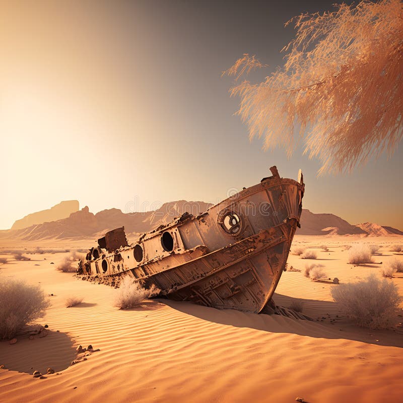 Wreck of an Old Ship in the Desert. 3d Rendering Stock Illustration ...