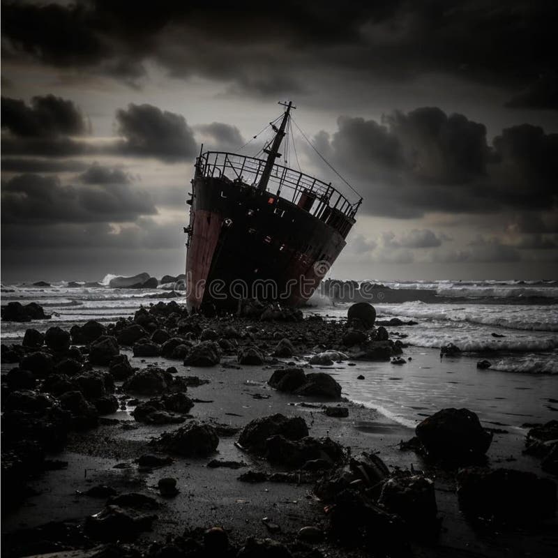 Ship wreck stock photo. Image of darkness, evening, light - 349855634