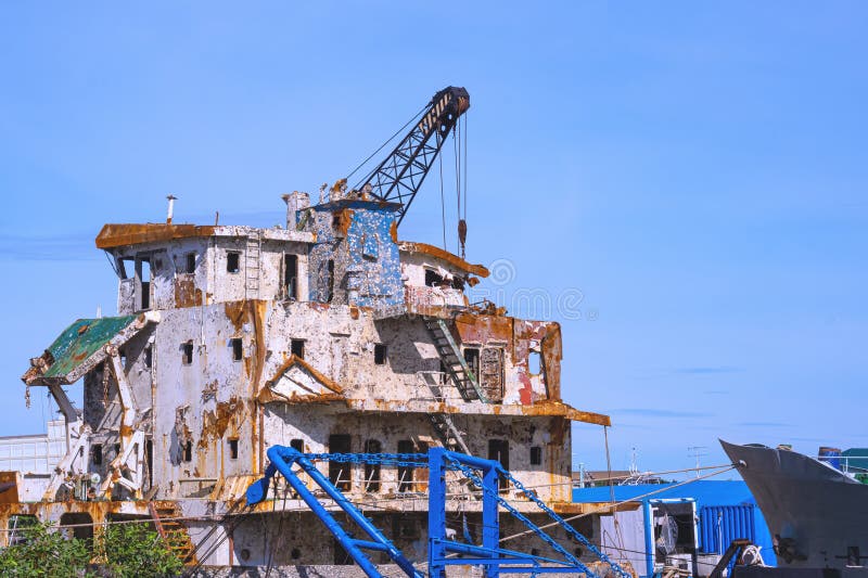 The Wreckage of the Old Damaged Cargo Ship Recovered from the Seabed is ...