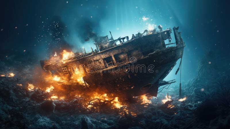 Wreckage of a Sunken Ship after a Collision with Underwater Drones ...