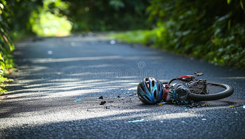 Wrecked Bicycle and Helmet on Roadway Accident Scene High Quality Image ...