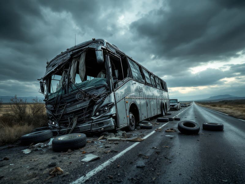 Wrecked Bus Lying on the Side of a Road, Symbolizing Danger and Despair ...