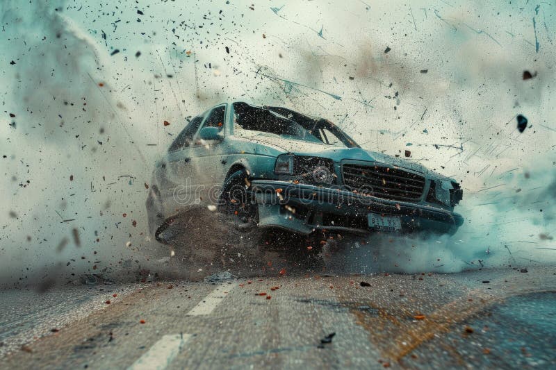 Wrecked Car Driving through Explosion on Road Stock Illustration ...