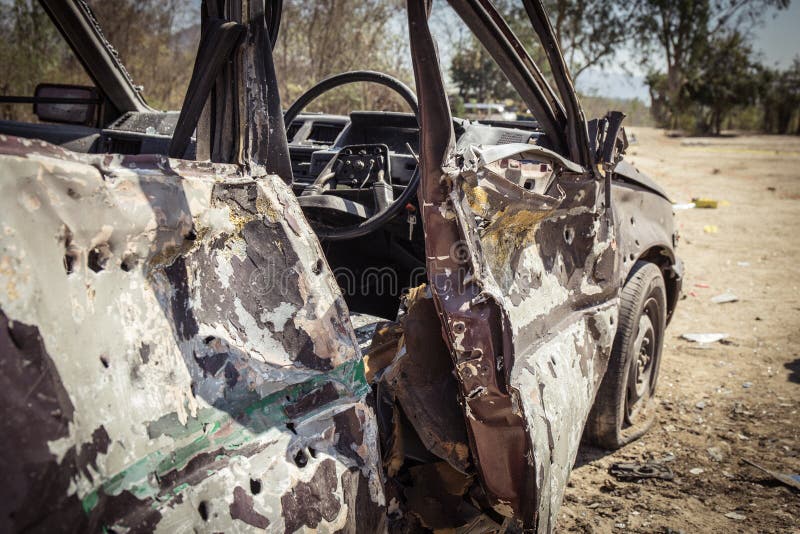 Wrecked Car from Explosion in Law Enforcement Training Course Stock ...
