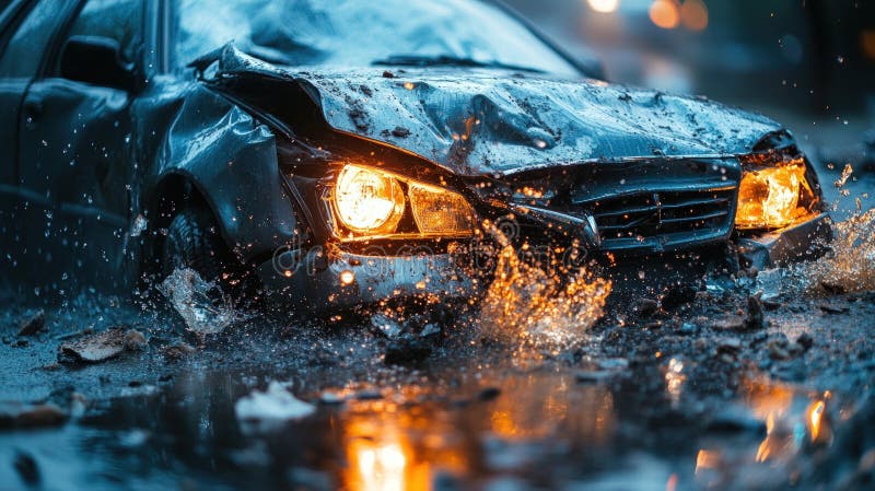 A Wrecked Car Sits in a Puddle of Water after an Accident Stock Photo ...