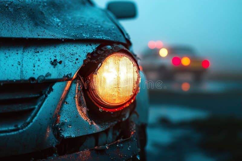 A Wrecked Car Sits on the Roadside at Night, One Headlight Flickering ...