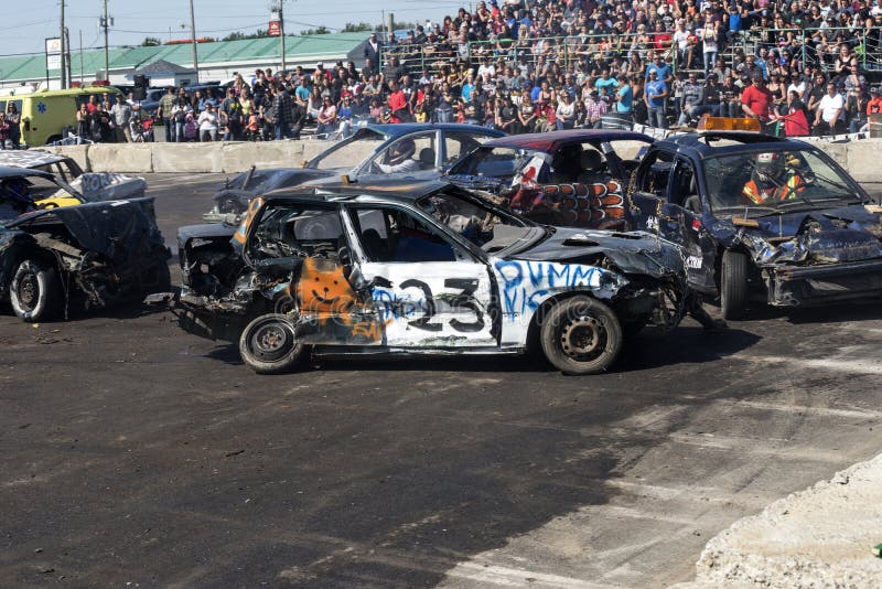 Wrecked Cars in Action during Demolition Derby Editorial Photography ...
