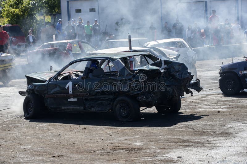 Wrecked Cars in Action during Demolition Derby Editorial Photography ...