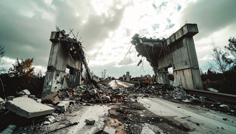 Wrecked Concrete Bridge with Exposed Rebar and Desolate Surroundings ...