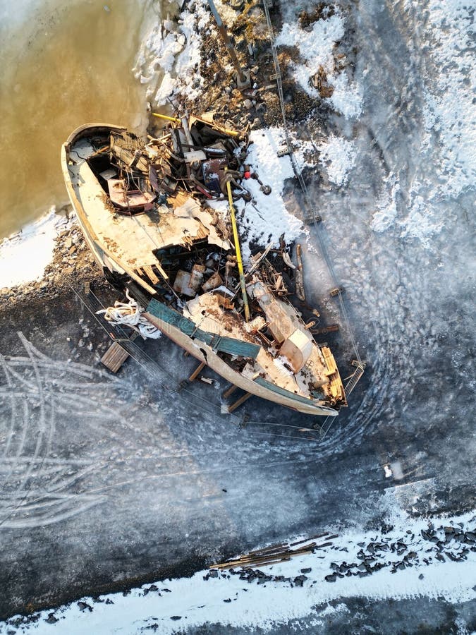 Wrecked Old Fishing Ship on Icy Ground Stock Photo - Image of ...